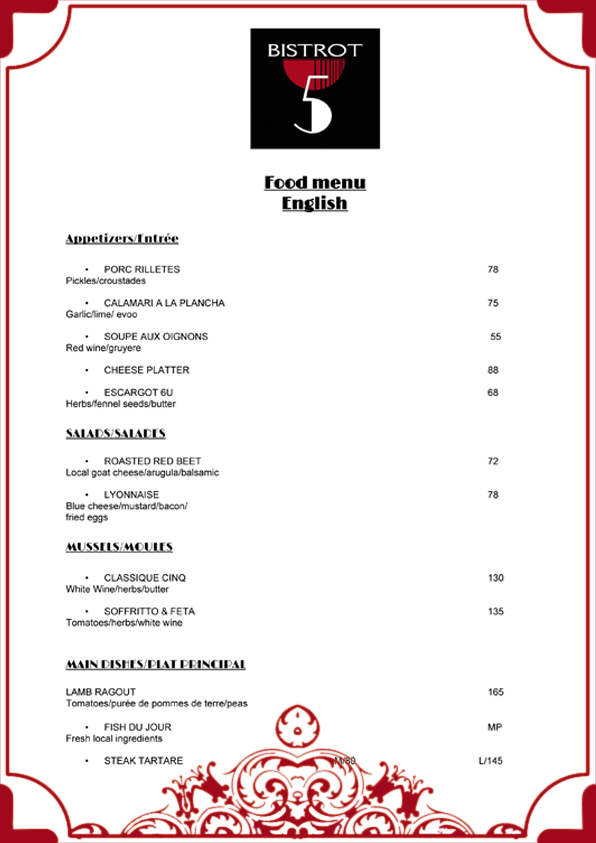 Menu | Bistrot Cinq